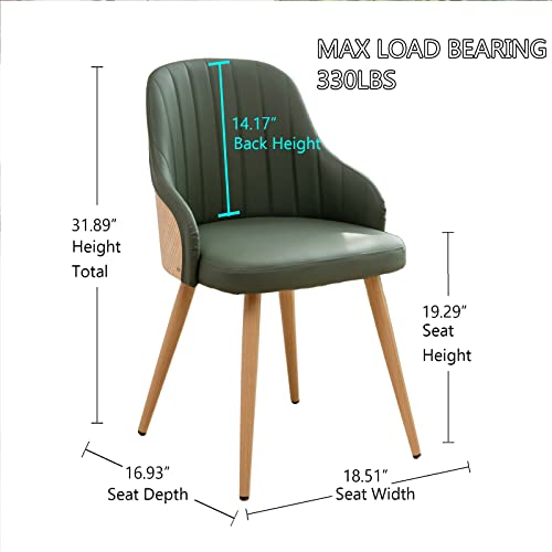 YOUUGIOR Modern Dining Room Chairs, Mid Century Leather Upholstered Accent Arm Chairs,Leisure Side Chairs with Metal Legs and Bamboo Back for Kitchen Room,Dining Room,Set of 2,Green.