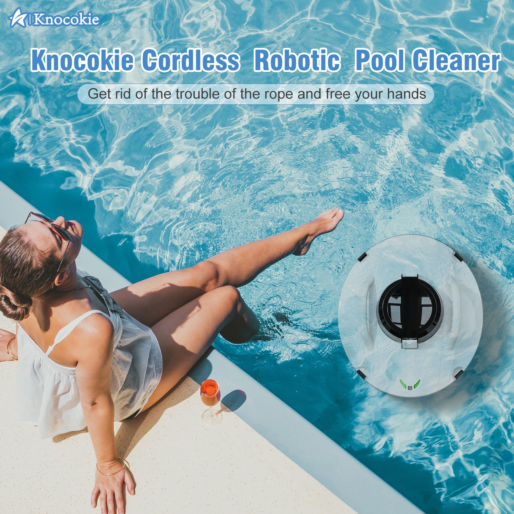 Knocokie Cordless Pool Vacuum Cleaner, Robotic Pool Cleaner, Lasts 120min, Dual-Motor,Smart Navigation and Parking System, LED Indicator, Suitable for Flat Pools Up to 1000 sq. ft 1-year warranty