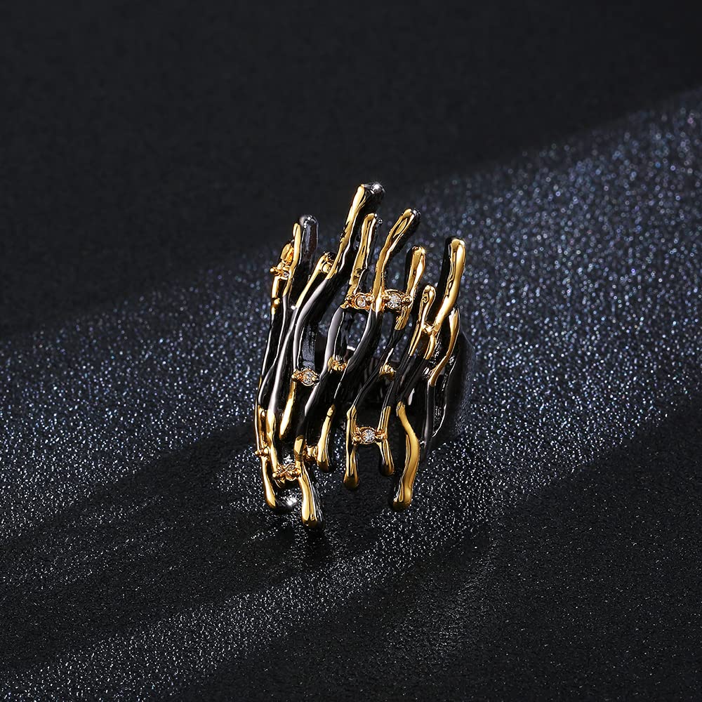 Mytys Branch Shape Statement Rings for Women Black & Gold Wide Band Cocktail Ring Size 7