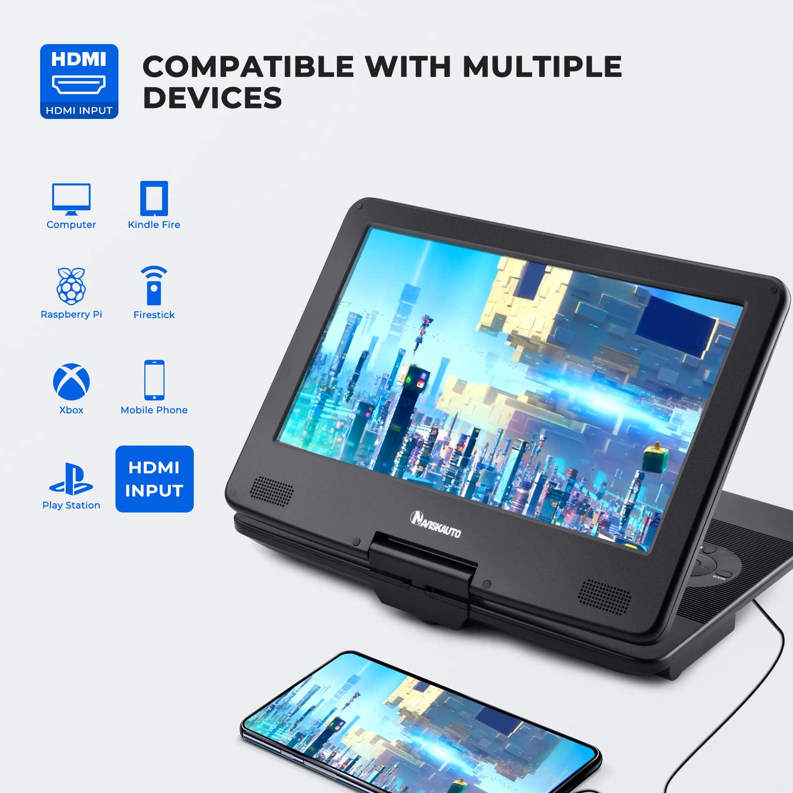NAVISKAUTO 13.3'' Portable Blu-Ray Player with HDMI Input & HDMI Output, Portable Blu-Ray DVD Player with Rechargeable Battery Support USB/SD Card, 1080P Video, Dolby Audio, AV in & Out, Last Memory