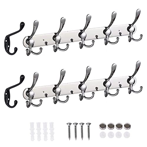 Wall Mounted Coat Rack Hook of 2 Pack, 5 Tri Stainless Steel Heavy Duty Coat Hook Rack for Hanging Coats,Clothes,Jacket,Hats (Silver)