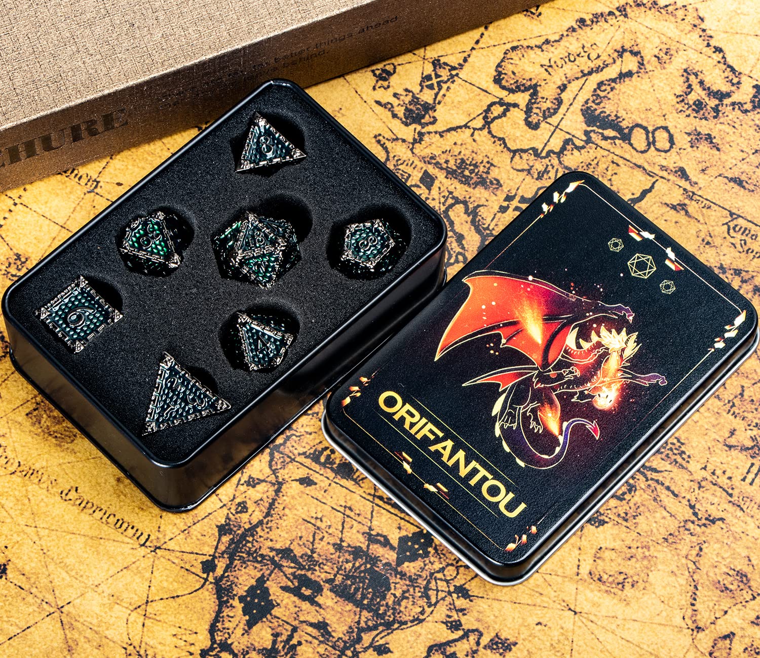 ORIFANTOU Metal D&D Dice Set Dragon Scale DND Cool Dice with Gift Box, Green Polyhedral Dice for Dungeons and Dragons RPG Role Playing Game D and D Dice