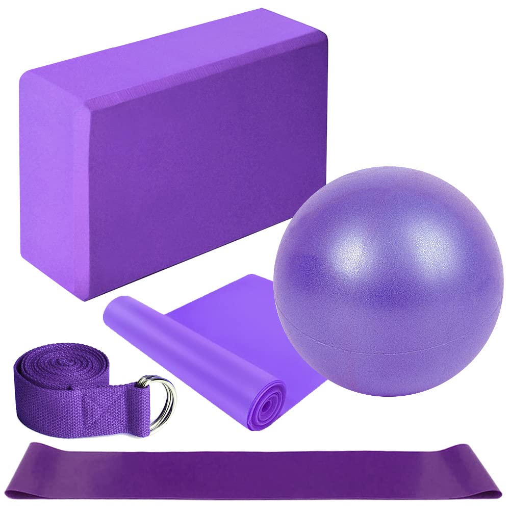 Lixada 5Pcs Yoga Ball Chair,Yoga Equipment Set Include Yoga Ball Yoga Blocks Stretching Strap Resistance Loop Band Exercise Band (Purple)