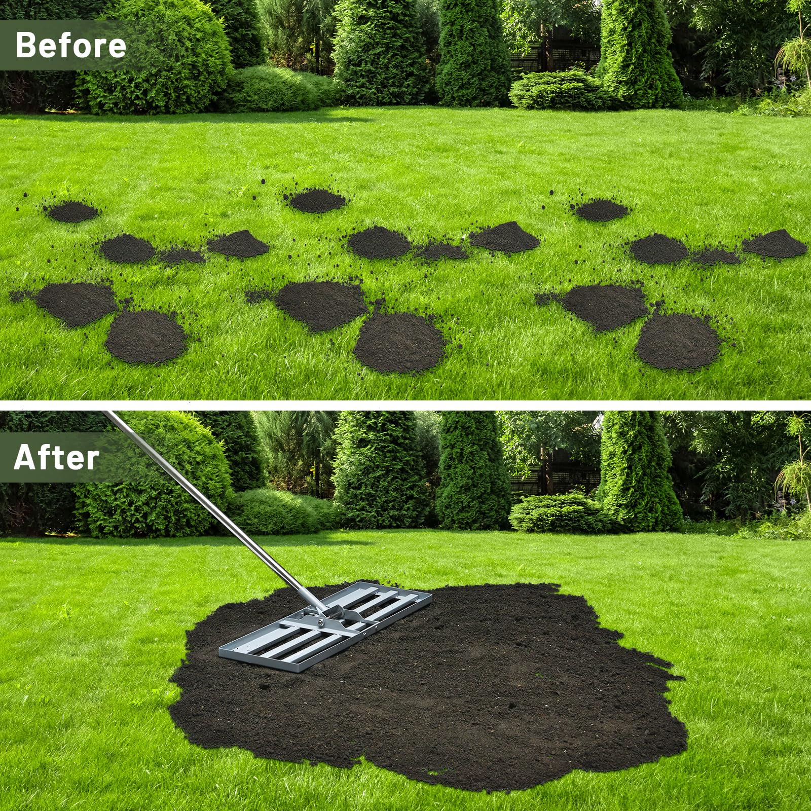 Sunvigor Lawn Leveling Rake, 30" x 10" Ground Plate with 6FT Adjustable Extra Long Handle Stainless Steel for Yard Garden - Heavy Duty Effort-Saving Leveling Soil Sand Spreading Dirt Top Dressing