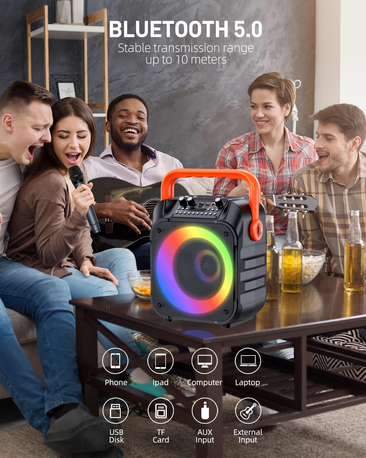 Karaoke Machine with Two Wireless Microphones, Portable Karaoke Machine for Adults & Kids, Karaoke Microphone with PA System, LED Lights, Karaoke Speaker Supports for TF Card/USB, AUX In, FM, REC,TWS