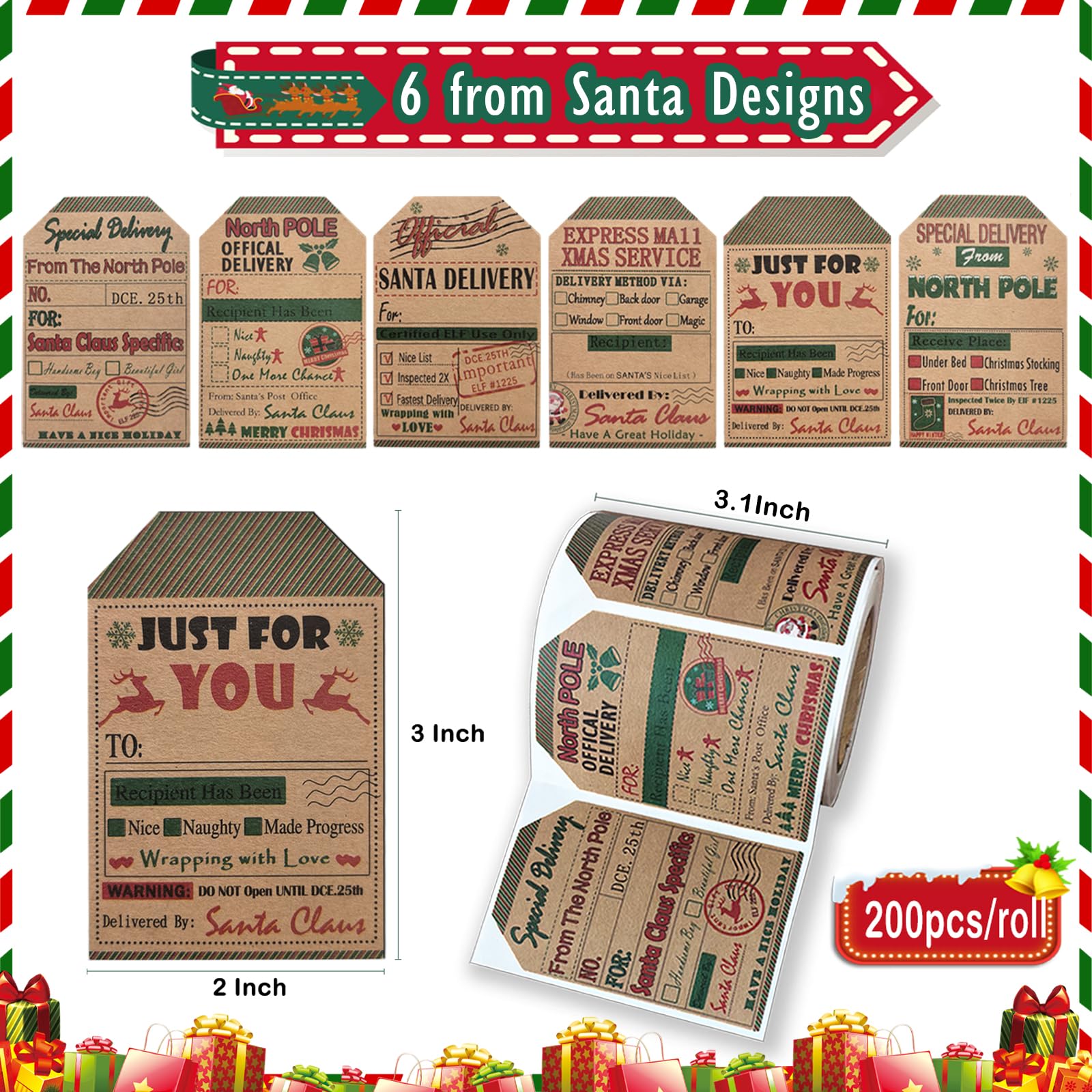 XDMTWLKJ from Santa Gift Tag Stickers, Self-Adhesive Christmas Labels for Gift Wrapping, from The North Pole Stickers 2 x 3 Inches, 200 Count (Brown)