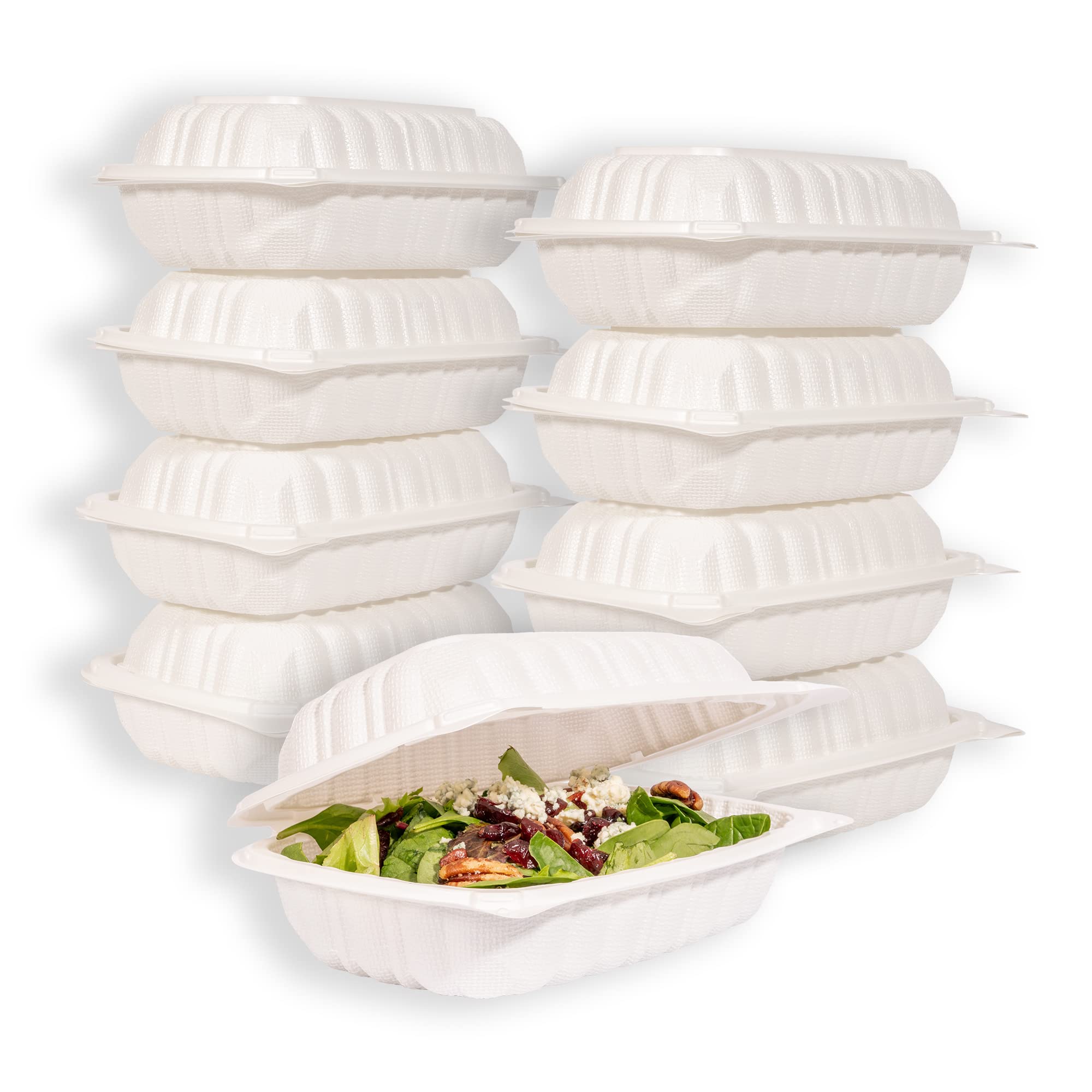 MULMEHĂ Mineral Filled Polypropylene Plastic Hinged Take Out Food Containers, 9x6x3, Vented Single Compartment, Natural White, 50 Pack