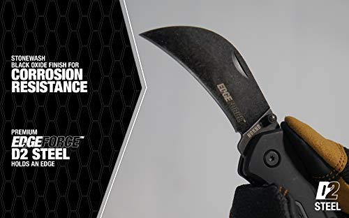 Southwire HBKND2 Edgeforce Hawk Bill Pocket Knife; 2.6" blade; D2 Steel; Stonewash Black Oxide Finish For Corrosion Resistance- Curved Blade For Pull Cuts And Splicing