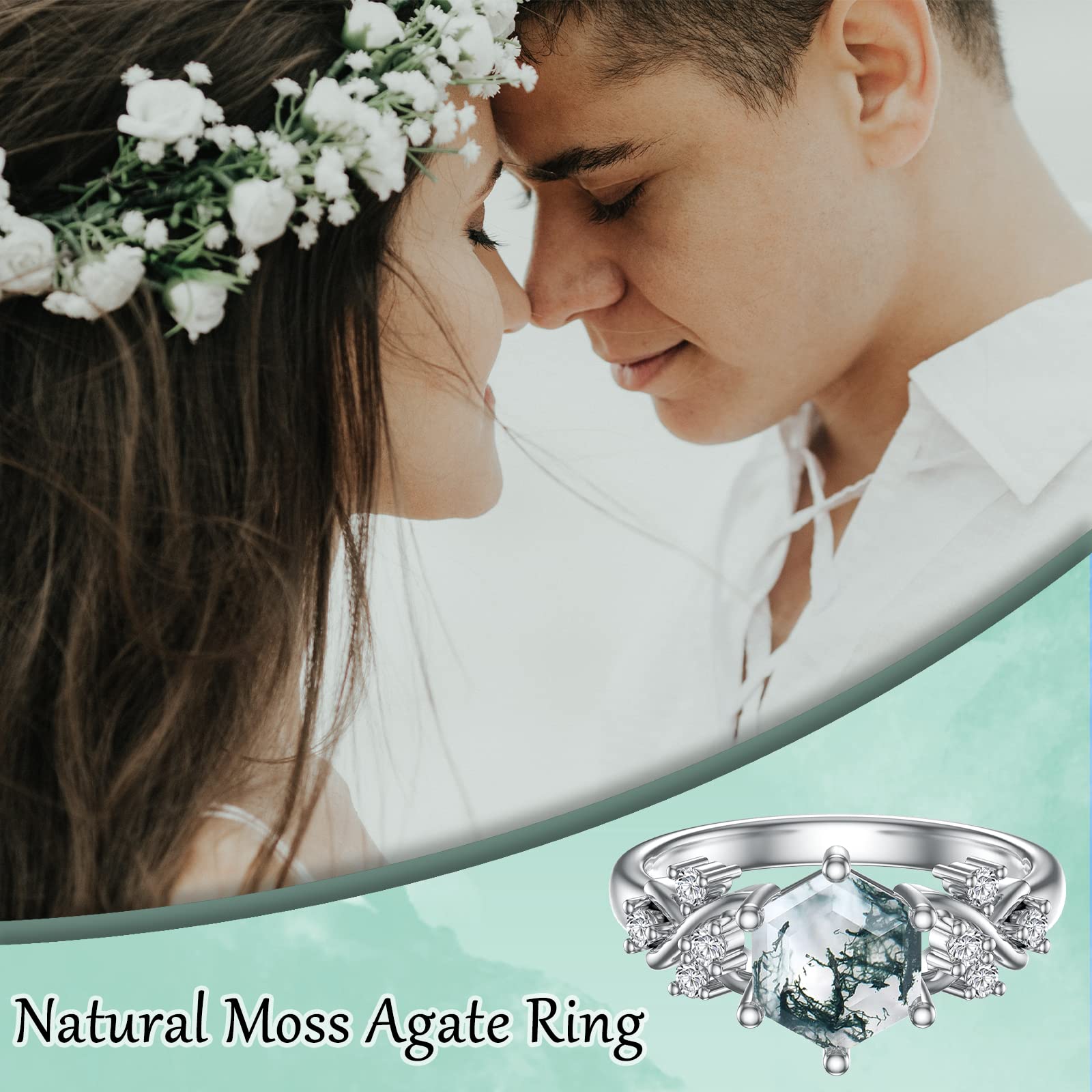 PLATYCO 1Ct Moss Agate Ring 925 Sterling Silver Natural Agate Engagement Ring Hexagon Shaped Green Agate Promise Rings Gift for Women (Size 7)