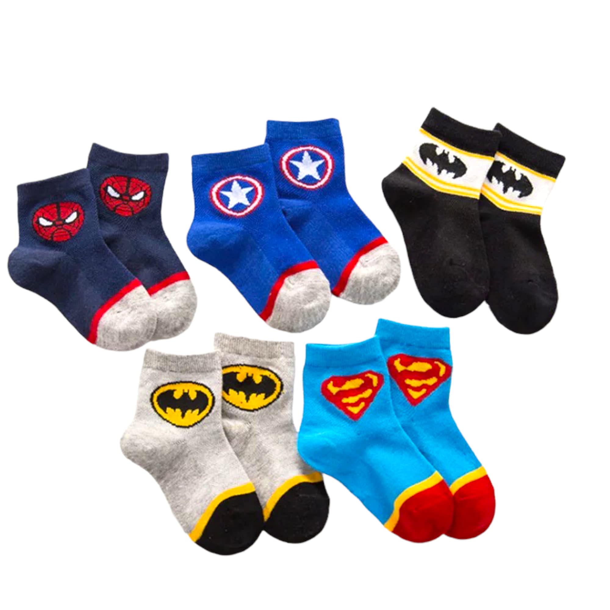 ONDEMAND GLOBAL Mr. Mengty Socks Superhero Cartoon Socks for Boys Kids | Kids Boys Fun Design Low Cut Athletic Socks 5 Pack (Small)
