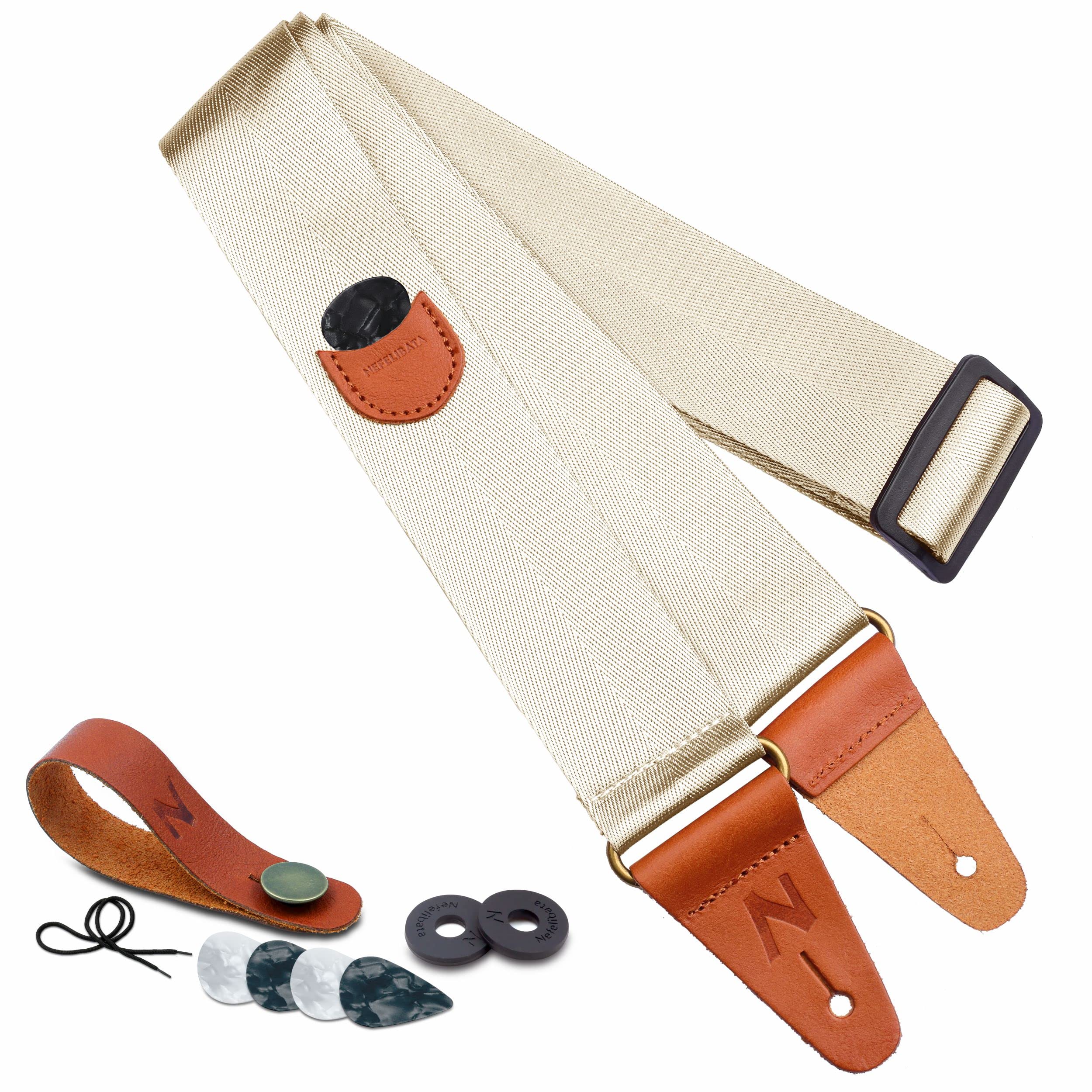 Nefelibata Guitar Strap with Pick Pocket, Vintage Nylon Full Grain Leather Ends Guitar Straps for Bass, Electric & Acoustic Guitar, with Strap Button, 1 Pair Strap Locks and 4 Guitar Picks (Beige)