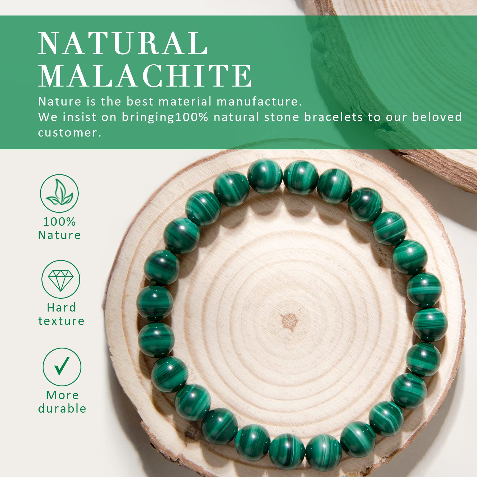 Rose&Poem Natural Malachite Bracelet, Handmade Gemstone Beaded Stretch Bracelets, 8mm Crystal Beads Semi-Precious Jewelry