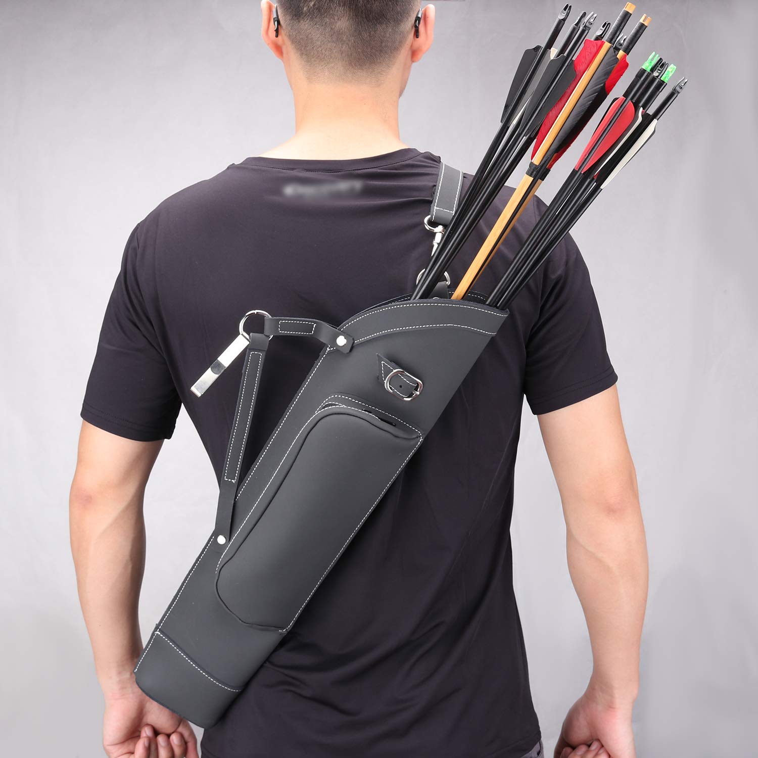KRATARC Archery Dual Use Leather Back Arrow Quiver Hip Quiver Waist Hang Side with Adjustable Strap Belt Clip (Black)