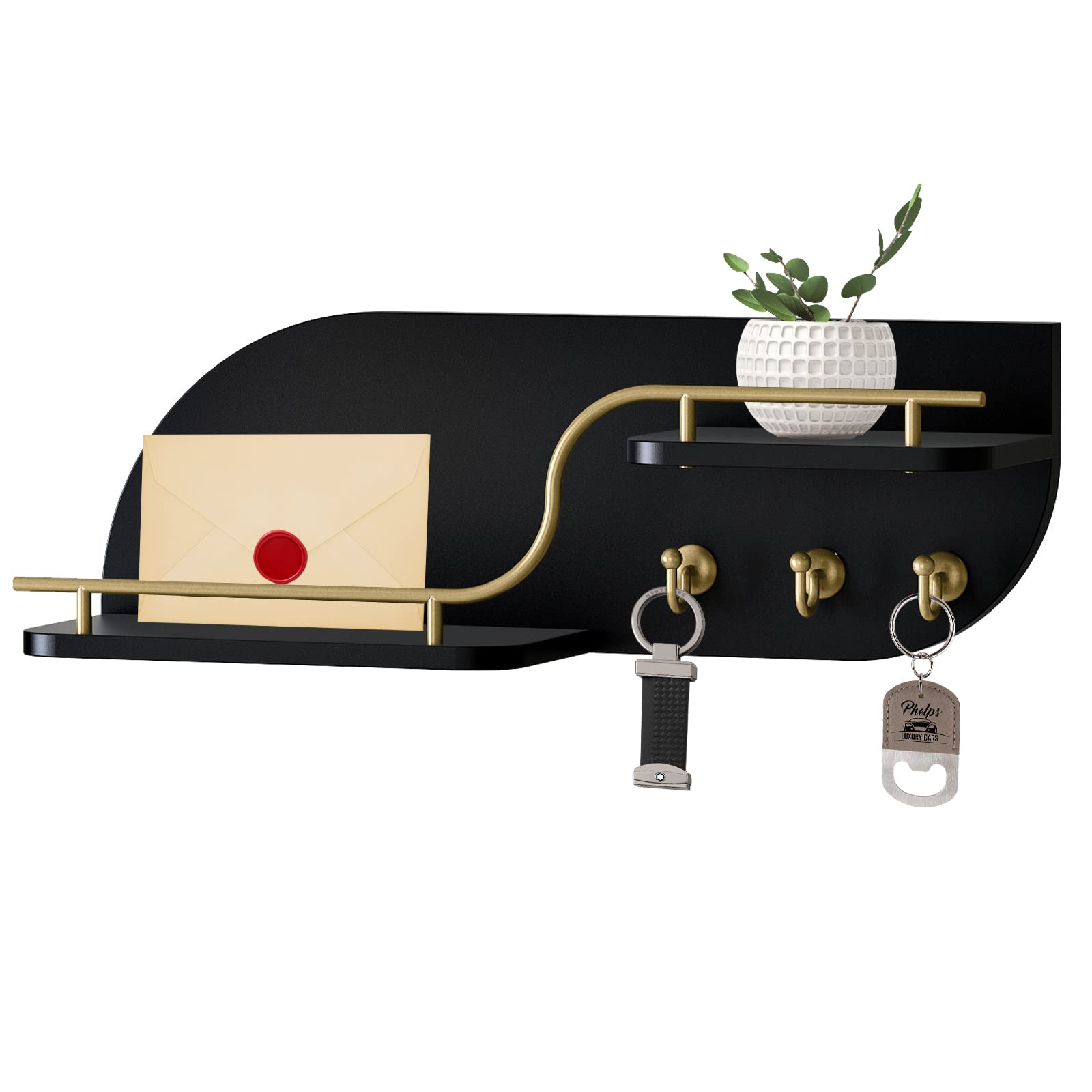 Karisky Key Holder for Wall, Decorative Key and Mail Organizer with 3 Metal Hooks and 2 shelves, Wood Wall Mounted Key Rack for Entryway, Black