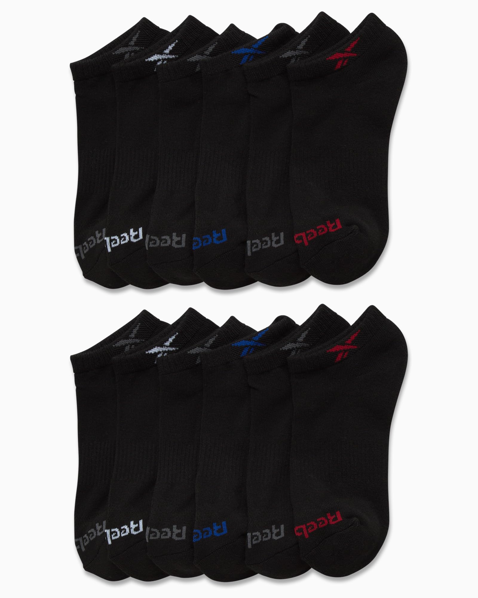 Reebok Boys' Low Cut Socks - 12 Pack Stretch Performance No Show Socks with Arch Support - Cushioned Athletic Socks for Boys, Size Large, Jet Black