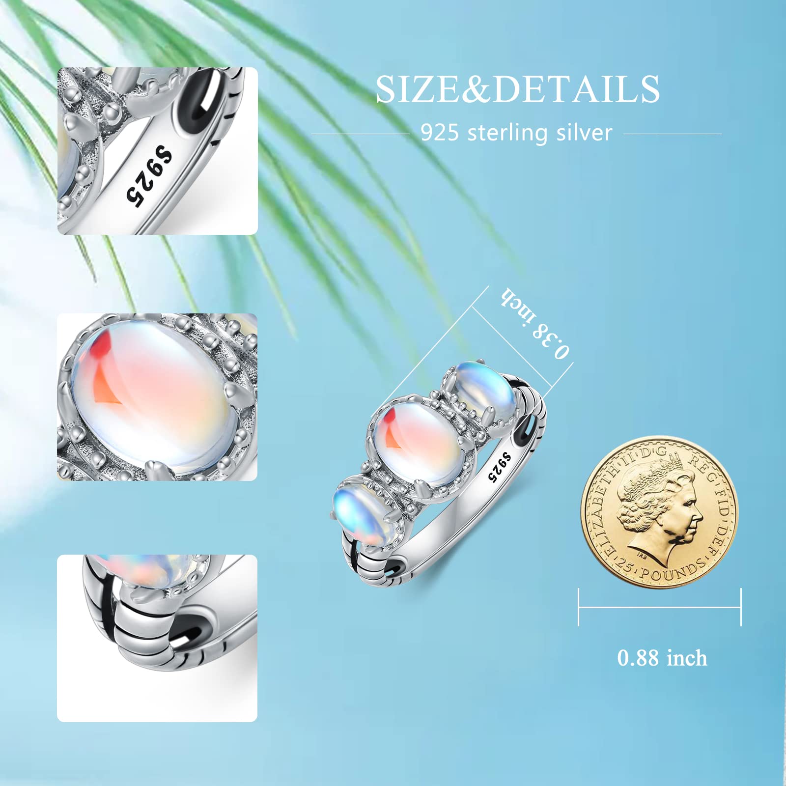 PLATYCO Moonstone Ring 925 Sterling Silver Moonstone 3 Stone Ring Gift for Women (6)