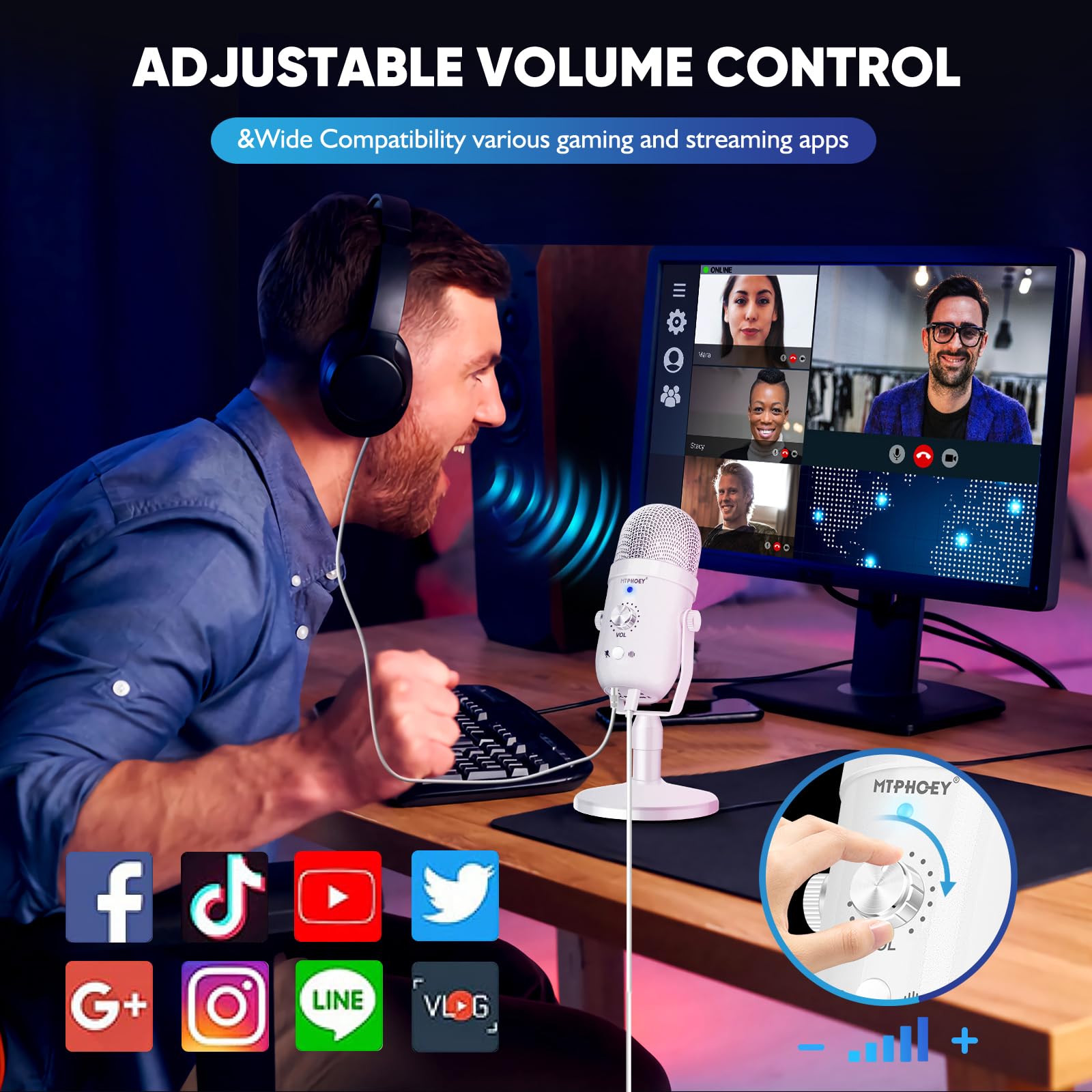 MTPHOEY USB Podcast Microphone,Pro Computer Condenser Gaming Mic for PC/Laptop/Phone/PS4/5 with Noise Cancelling,Metal Asmr Microphone Plug&Play, Mute Button for Streaming,Podcast,Gaming,TikTok