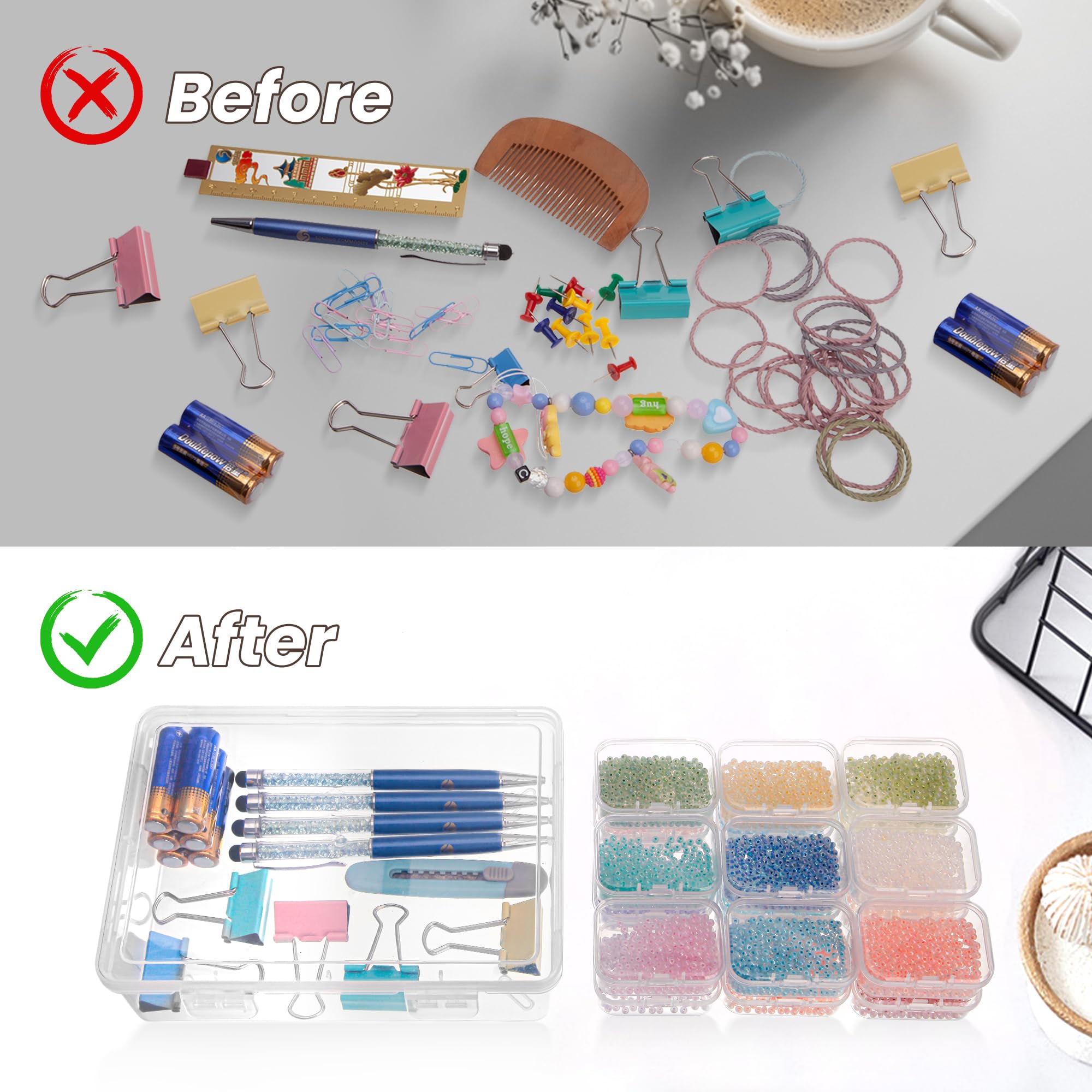 zoeynex Medium Plastic Organizer Boxes, 12 Clear Containers with Hinged Lids, for Beads, Jewelry, Crafts, Electronics, Hardware, School Supplies (32 Labels)