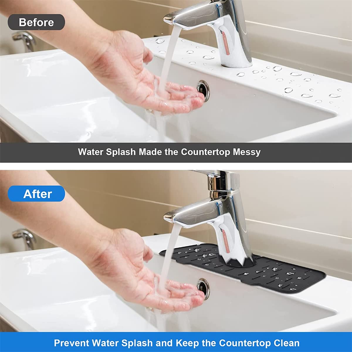 Kitchen Faucet Sink Splash Guard, Silicone Faucet Water Catcher Mat β Sink Draining Pad Behind Faucet, Rubber Drying Mat for Kitchen & Bathroom Countertop Protect(Black)