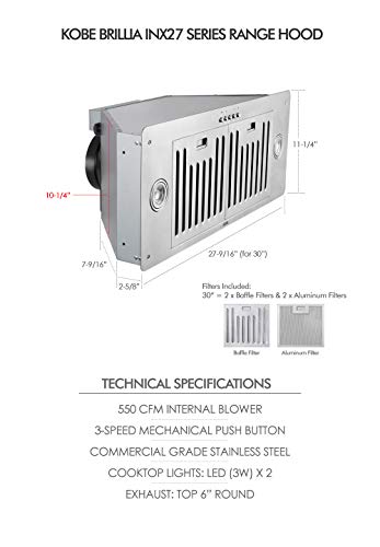 KOBE INX2730SQB-700-2 Brillia 30-inch Built-in/ Insert Range Hood, 3-Speed, 550 CFM, LED Lights, Baffle Filters, Stainless Steel