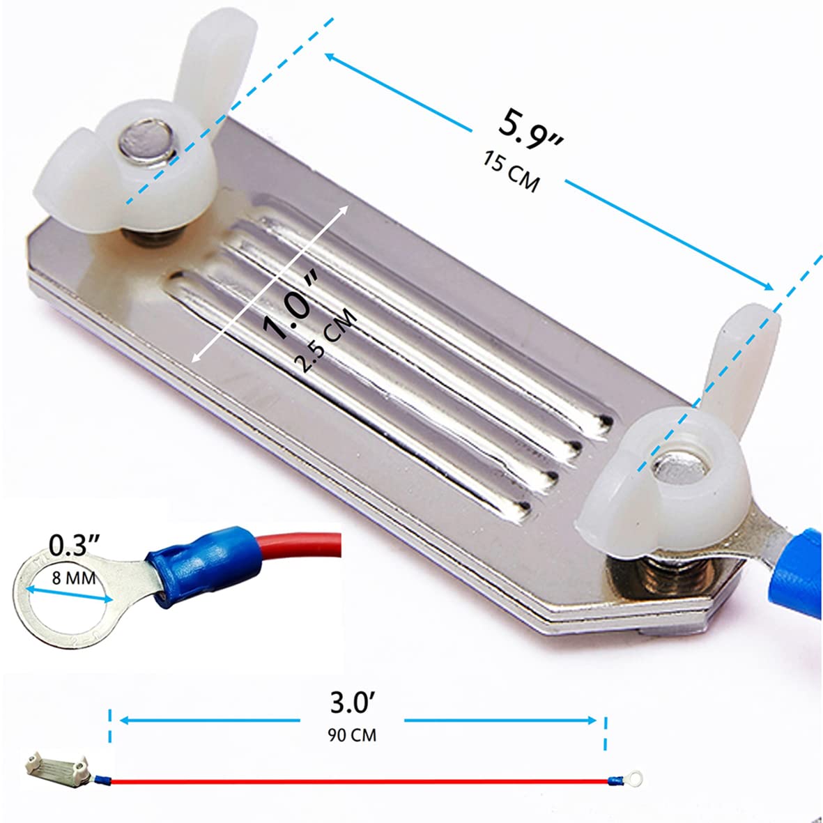Q'mark Electric Fence Tape Connector, Polytape to Polytape Connector, Polytape to Energizer Connector, with 90 cm Wire - 2 Pack (to Energizer), Silver & Red