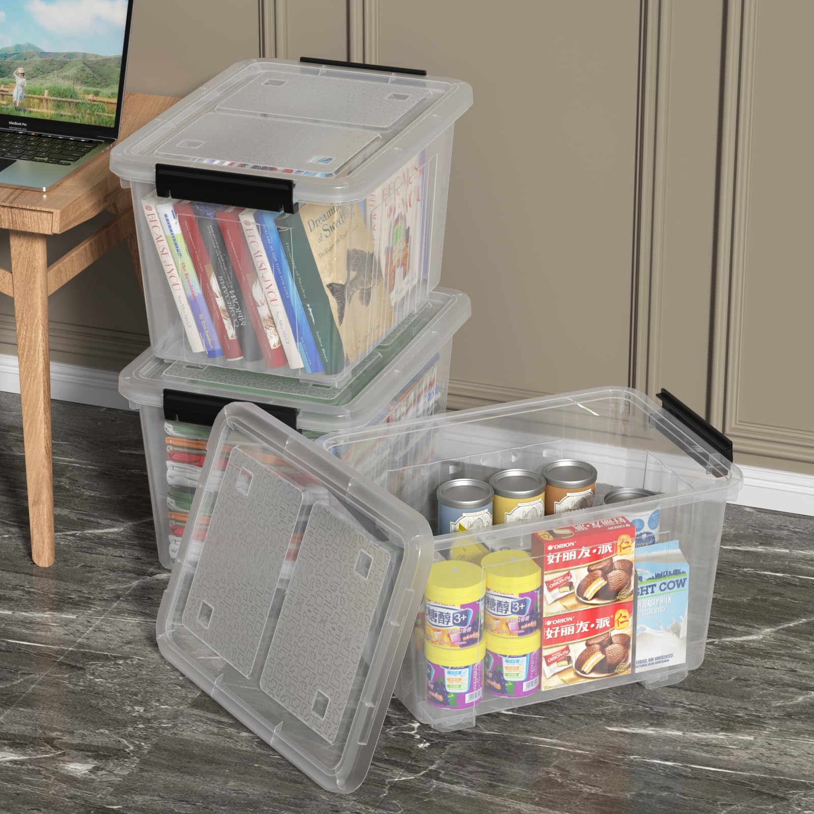 Zopnny 30 Quart Plastic Stacker Box, Large Storage Bin Container with Latching Lids and Wheels for Home and Garage Organizing, Shoes, Tools, Clear Base, 4-Pack
