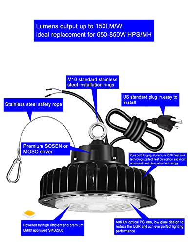 LED High Bay Light 200W 30000LM 5000K IP65 150lm/w with US Plug 5ft Cable,UFO Commercial Light Alternative to 800W MH/HPS Warehouse Workshop Factory Barn Garage Lowbay Area Lighting Fixture