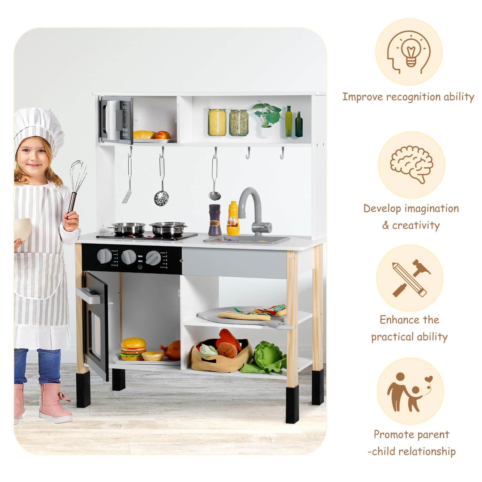 Kinder King Wooden Kids Play Kitchen, Toy Kitchen Playset for Toddler, Pretend Oven with Light & Sound, Interactive Door, Microwave, Knobs, Realistic Kitchen Set for Boys Girls Age 3+, Black