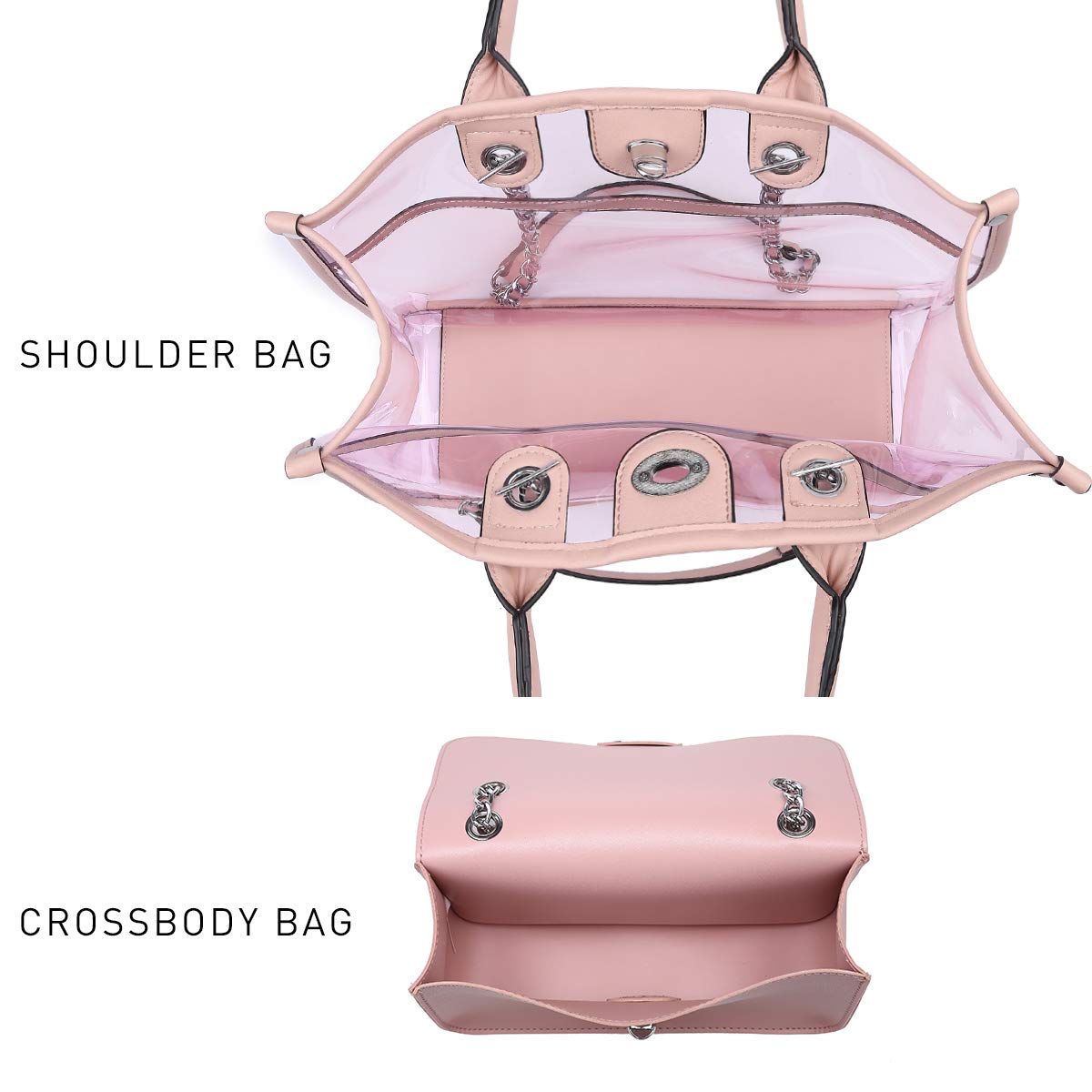 Large Clear Tote Bag PVC Top Handle Shoulder Bag 2 Pieces Set With Turn Lock Closure (Black)