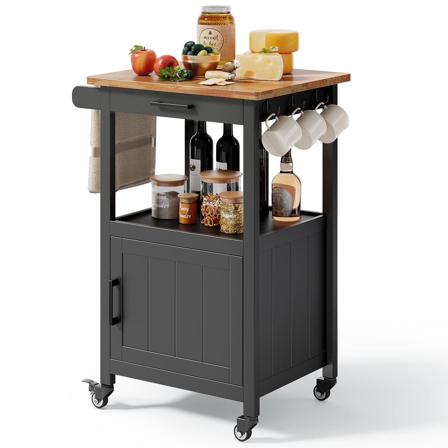 Kitchen Island Cart with Drawer on Wheels, Small Microwaves Stand, Home Coffee Bar, Rolling Kitchen Island Cart with Drawer, Storage Cabinet and Side Hook, Rubberwood, Black