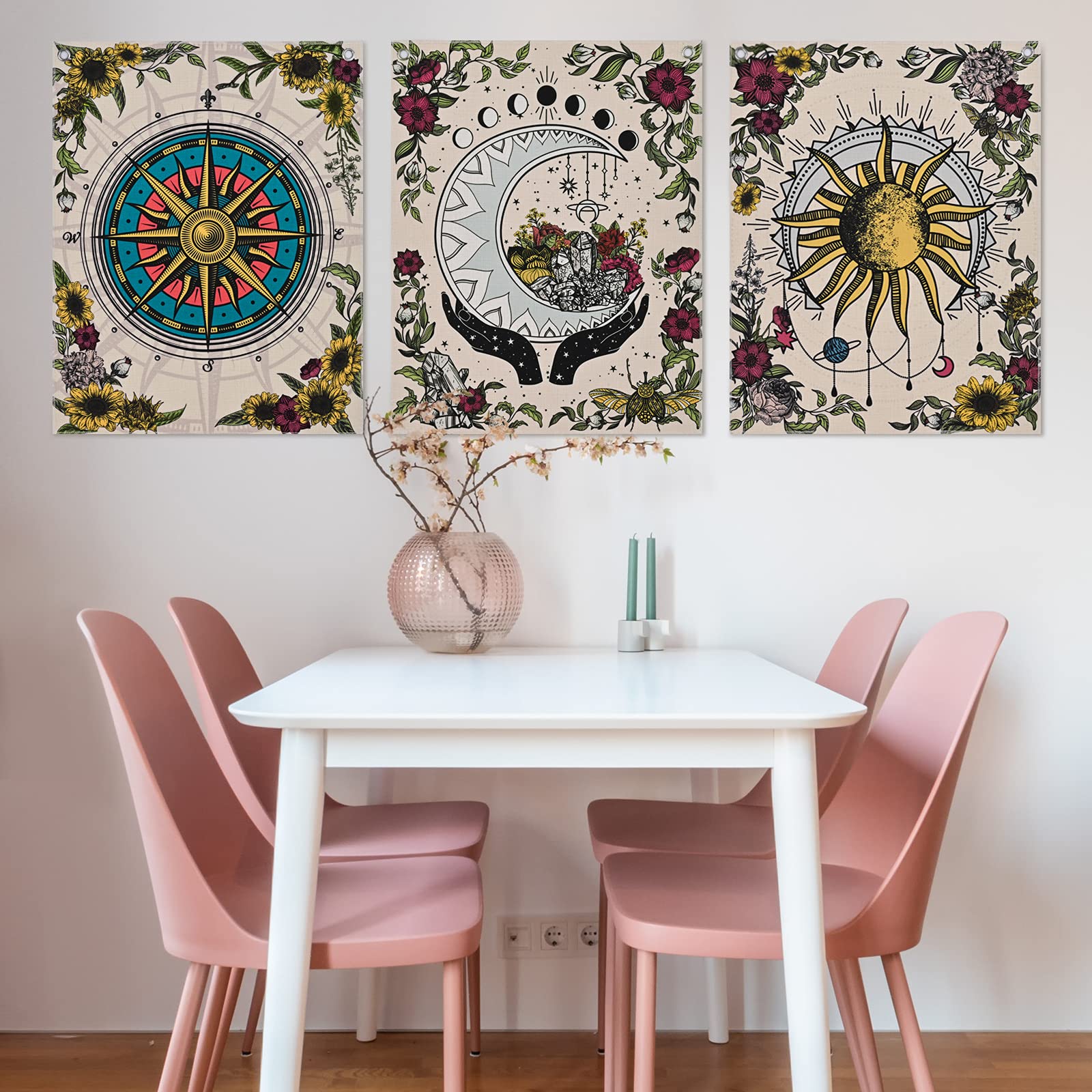 Pack of 3 Tarot Tapestry Tarot Card Tapestry The Sun The Moon The Star Tapestry Floral Plants Tapestry Moon Phase Tapestry with Rustproof Grommets, Seamless Nails