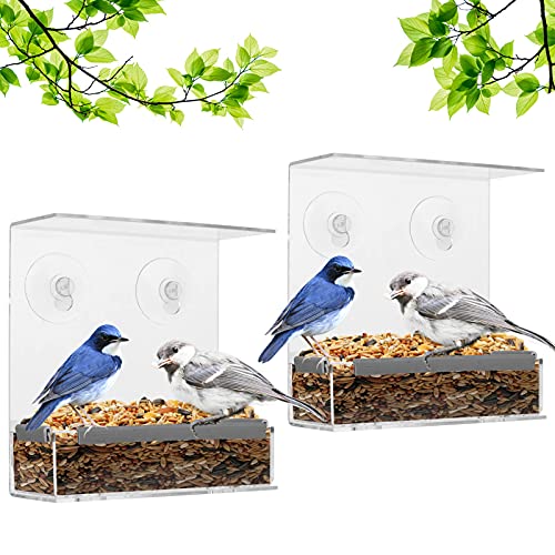 Window Bird Feeder 2 Pack, Bird House for Outside, Window Bird Feeder with Strong Suction Cups and Removable Seed Tray with Drain Holes. Outdoors Birdfeeder for Wild Birds, Cardinal, Bluebird