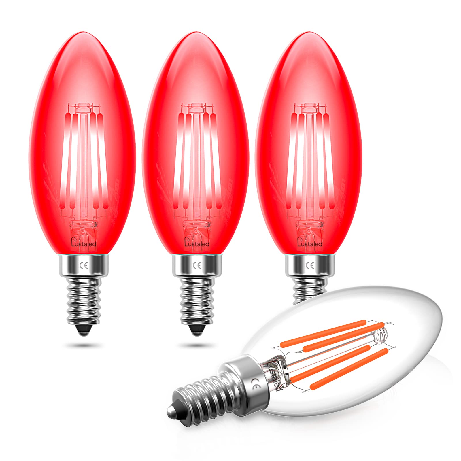 Lustaled E12 Candelabra Red Light Bulbs, 4W Dimmable Red led Light Bulb for Sleep, C35 LED Filament Red Candle Light Bulb 400LM AC110V for Halloween Christams Bars Party Holiday Decoration