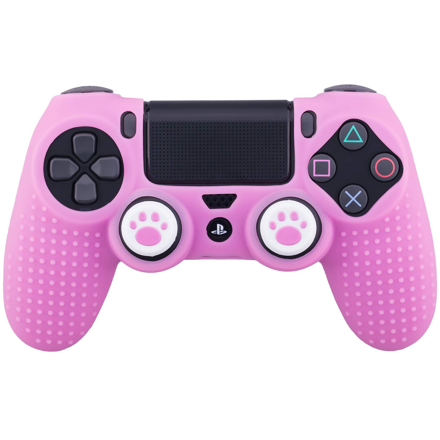 MXRC Silicone Rubber Cover Skin Case x 1 Anti-Slip Studded Dots Customize for PS4/SLIM/PRO Controller x 1(Pink) + Cat Paw Thumb Grips x 2