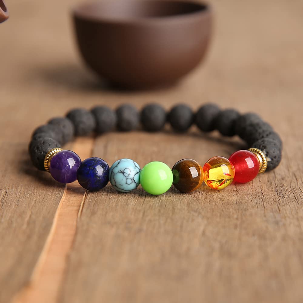 OAIITE 2Pcs 7 Chakra Bracelet Elastic Natural Stone Yoga Healing Crystals Beads Meditation Relax Anxiety Bracelet Bangle Natural Lava