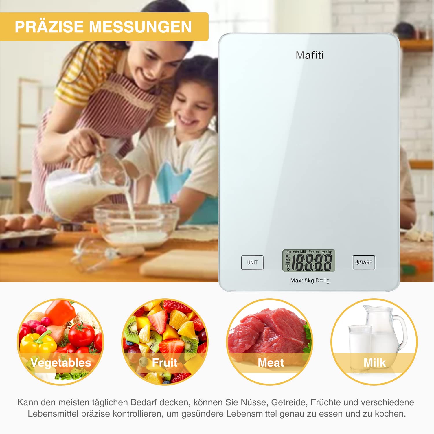 Kitchen Scale, Mafiti Digital Kitchen Scales 11lb/5kgX1g, Multifunction Measures in Kg, g, lb and OZ Digital Kitchen Weight for Food, Cooking and Baking,LCD Display(Silver)