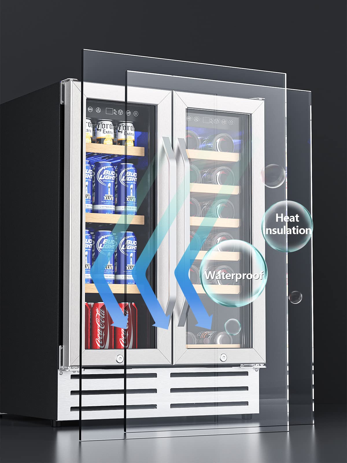 MUDEELA Wine and Beverage Refrigerator,24 Inch Dual Zone Wine Cooler With Memory Temperature Control Built-In or Freestanding 2 Safety Locks Soft LED Light Quiet Operation Hold 18 Bottles and 57 Cans