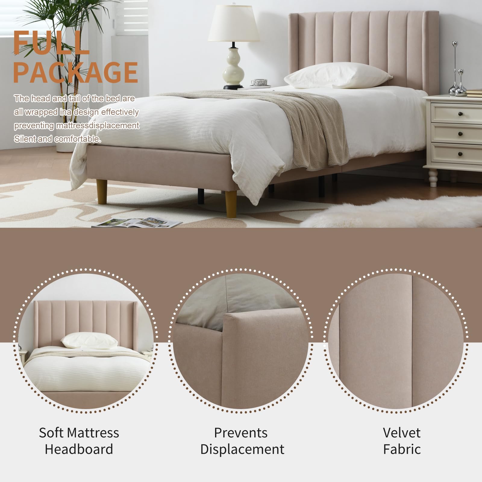 YUHUASHI Twin Size Bed Frame, Upholstered Bed Frame with Modern Geometric Wingback Headboard, Velour Fabric, Platform Bed Frame with Wooden Slats, Easy to Assemble and Noiseless (White, Twin)