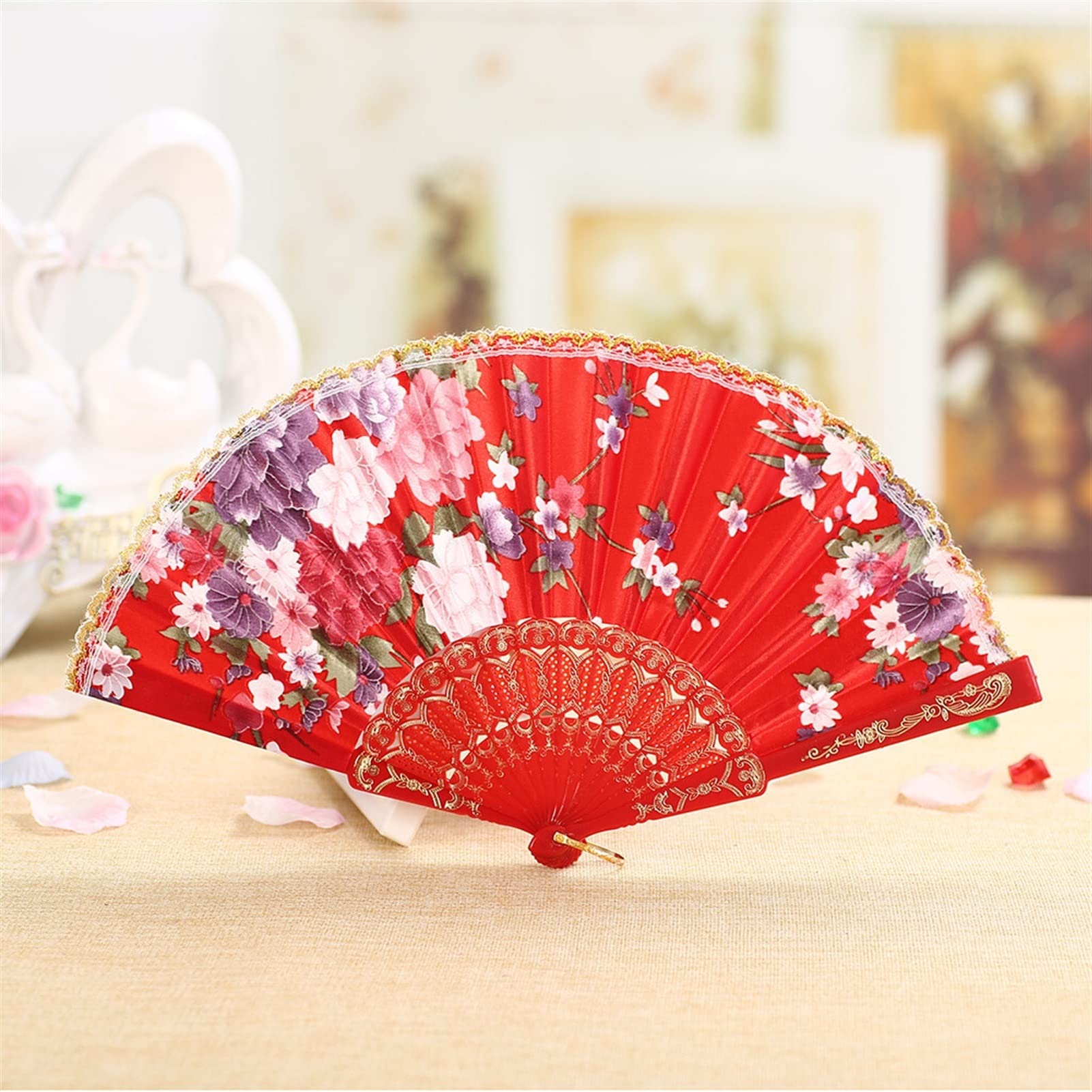 ONGHAHYIS Folding Fans Folding Fans Beauty Lace Dance Wedding Hand Fan Folding Held Flowers Fans Decorative (Color : Deep Blue)