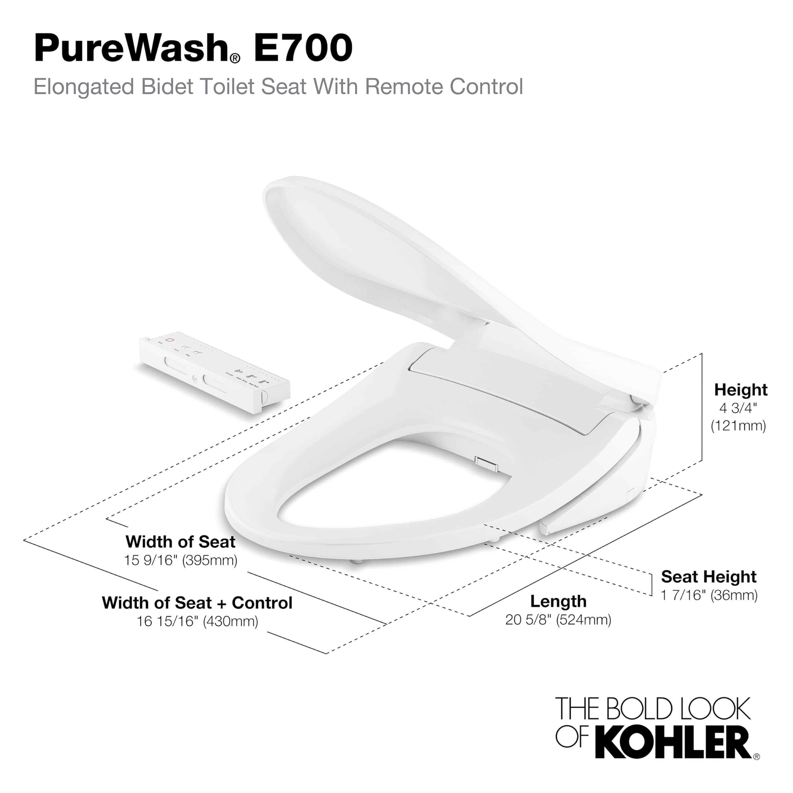 KOHLER 27142-CR-0 PureWash E700 Elongated Heated Bidet Toilet Seat with Remote Control, Bidet Warm Water, Adjustable Bidet Sprayer for Existing Toilets, White