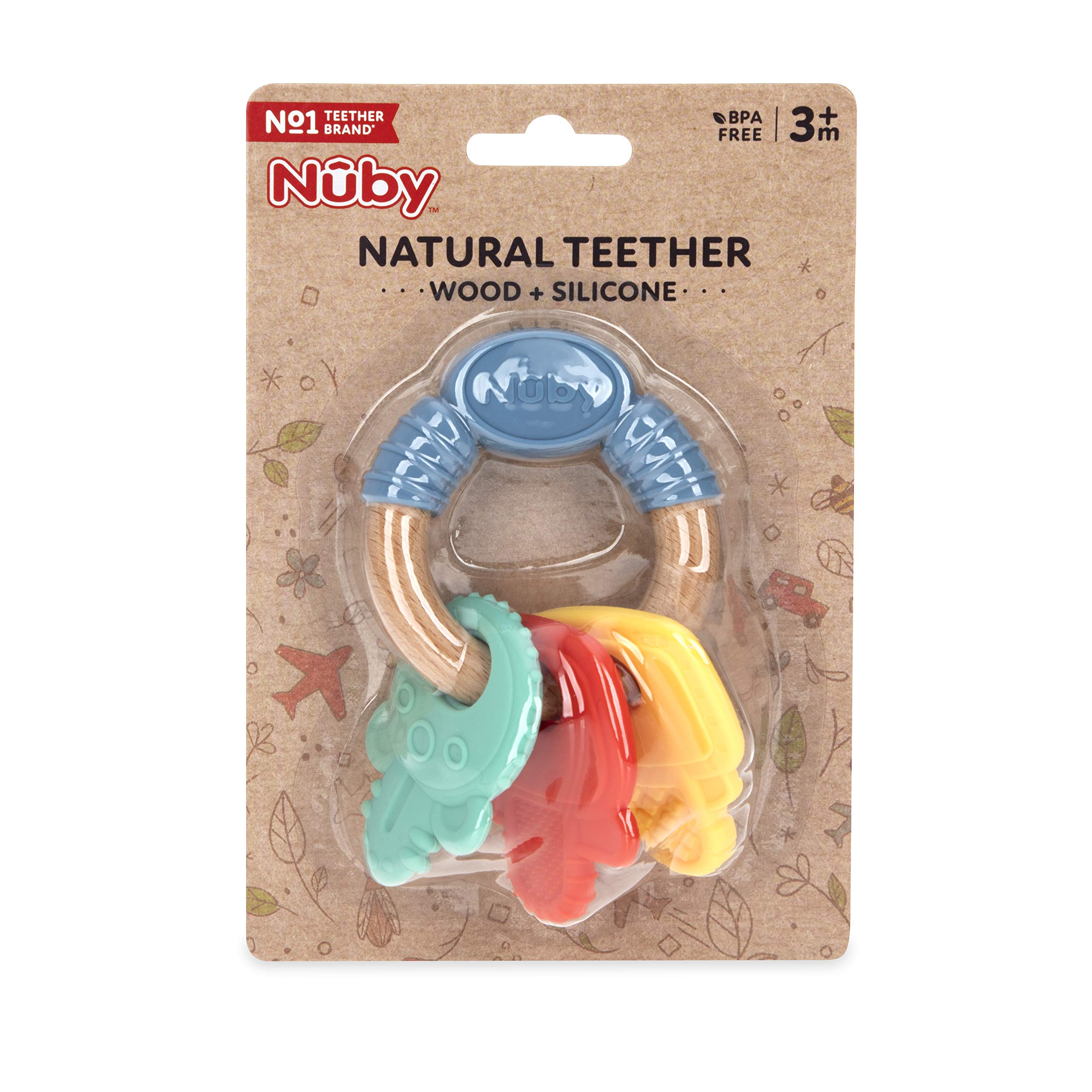 Nuby Natural Wood & Silicone Teether Keys- 3M+, Multi (6907)