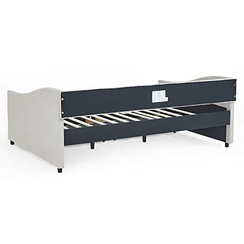 YUNLife Full Size Upholstered Daybed with Two Storage Drawers,Full Polyester Sofa Bed Storage Daybed Frame with Button on Back and Copper Nail on Waved Shape Arms for Bedroom Guest Room