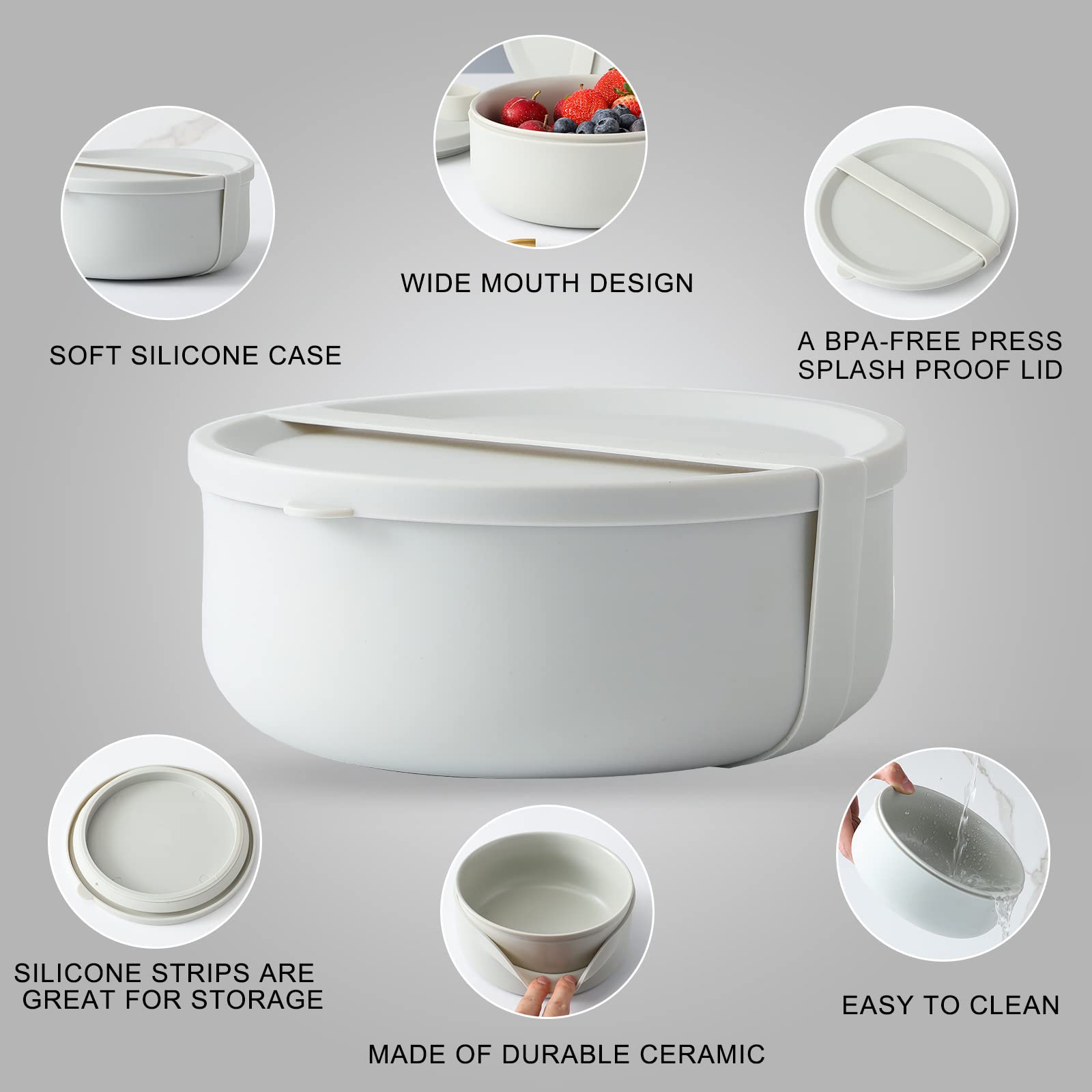 WALZION Ceramic Bowl Lunch Container with Lid,Protective Non-slip Exterior Snap-tight Silicone Strap, 22 oz，Food Storage, Bento Box, Meal Prep，Dishwasher Microwave Safe (light grey)