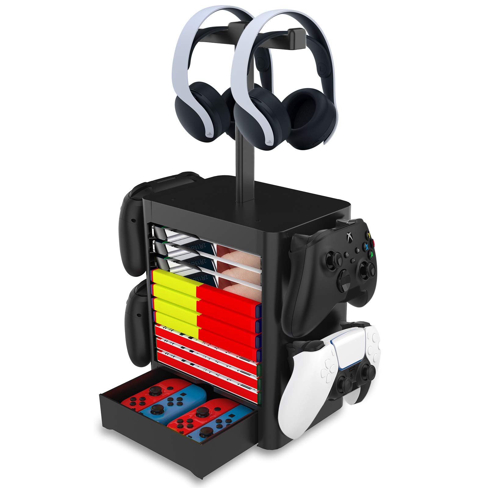 NexiGo Headset and Game Organizer (up to 10 Games) for PS5 PS4 PlayStation/Xbox Series S & X/Switch Accessories, Headphones, Game Discs, Joy Cons, DualSense, Controllers, Black