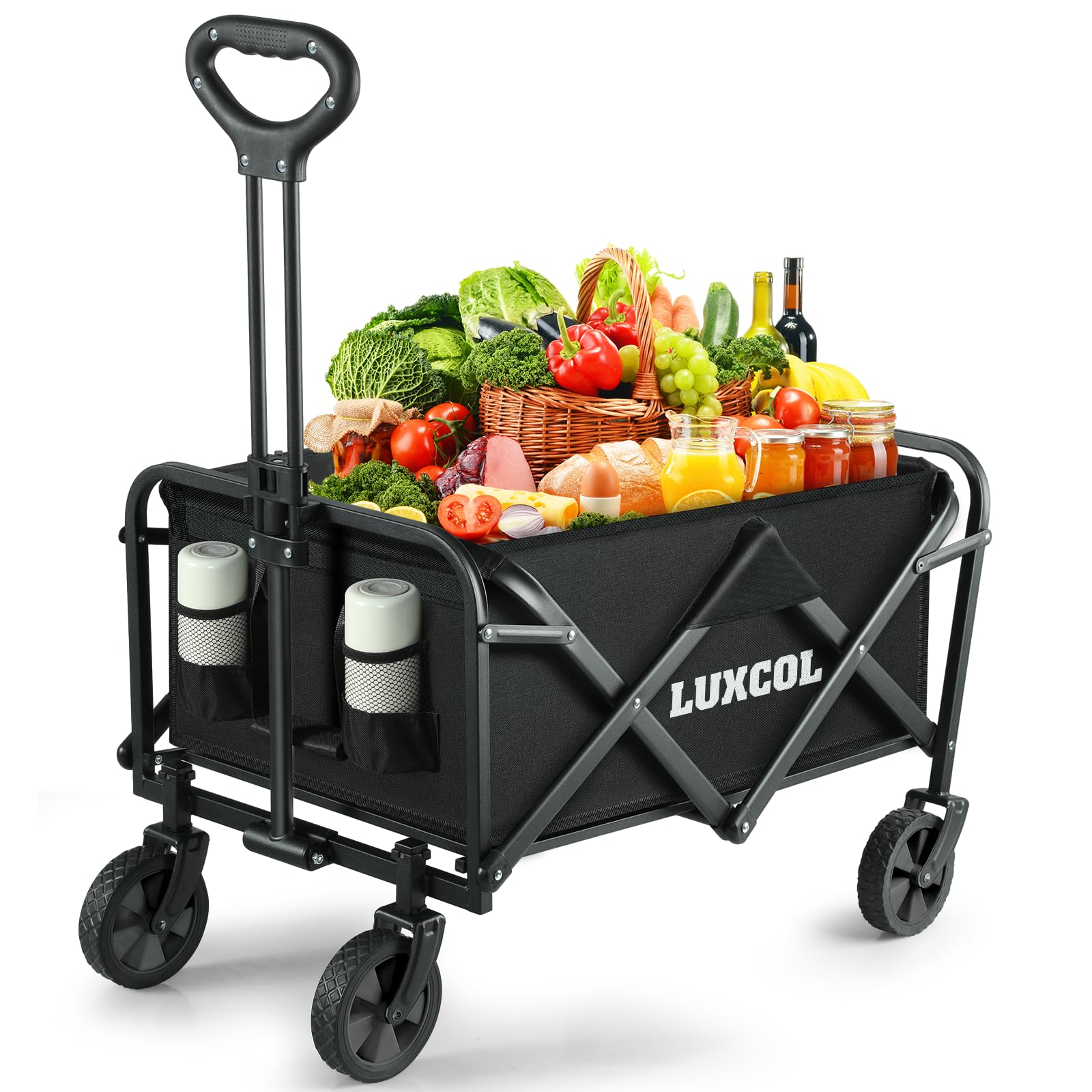 LUXCOL Collapsible Folding Outdoor Utility Wagon,Beach Wagon Cart with All Terrain Wheels & Drink Holders,Portable Sports Wagon for Camping, Shopping, Garden and Beach