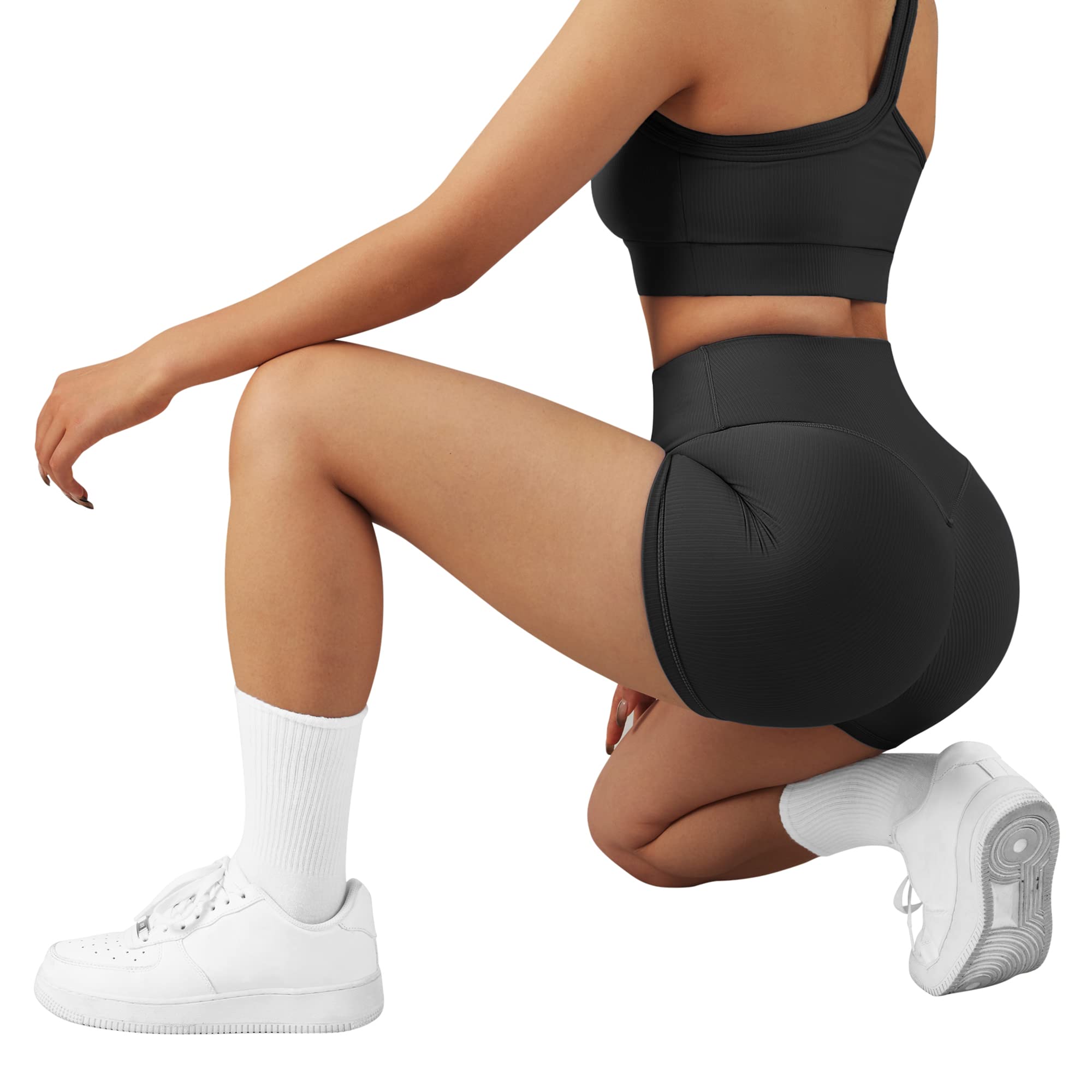MOOSLOVER Women Ribbed Seamless Biker Shorts Butt Lifting High Waisted Workout Shorts(S,#1 Black)