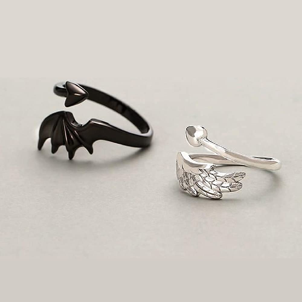 NoveltyShopFun Angel Devil Matching Rings Promise Rings for Couples Friends Open Couple Wrap Rings Adjustable Jewelry Gift for Him Her (2 Rings)