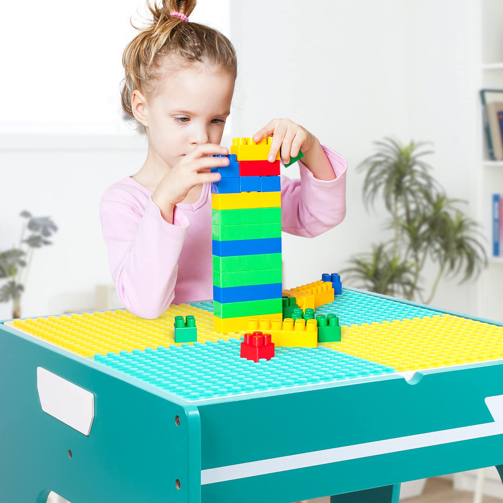 TRENDBOX 7 in 1 Activity Table for Toddlers, Wooden Kids Table and Chair Set with 200Pcs Building Blocks, All-in-One Kids Play Table, Drawing Table, Learning Table, Eating Table for Toddlers 1-5