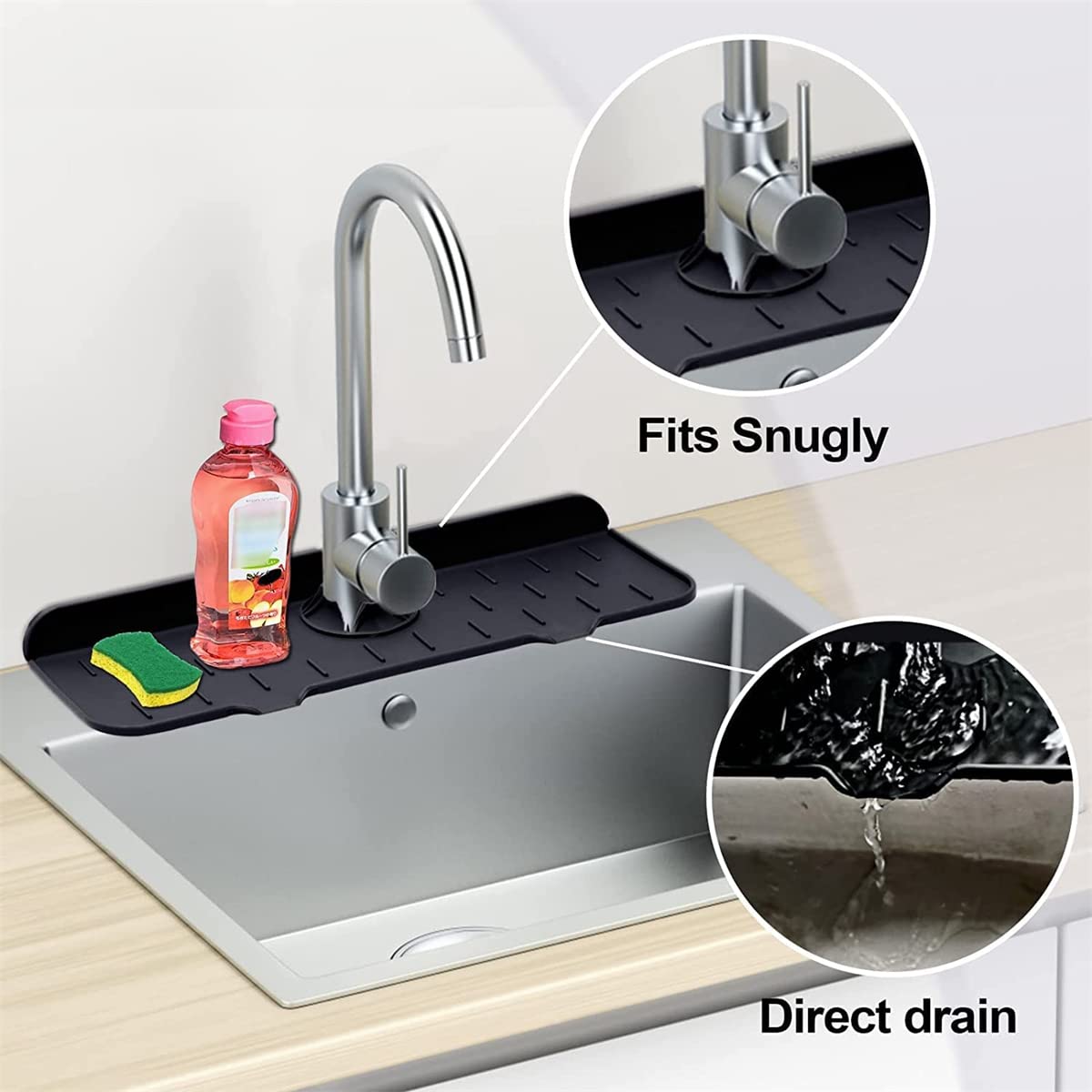 Kitchen Faucet Sink Splash Guard, Silicone Faucet Water Catcher Mat β Sink Draining Pad Behind Faucet, Rubber Drying Mat for Kitchen & Bathroom Countertop Protect(Black)