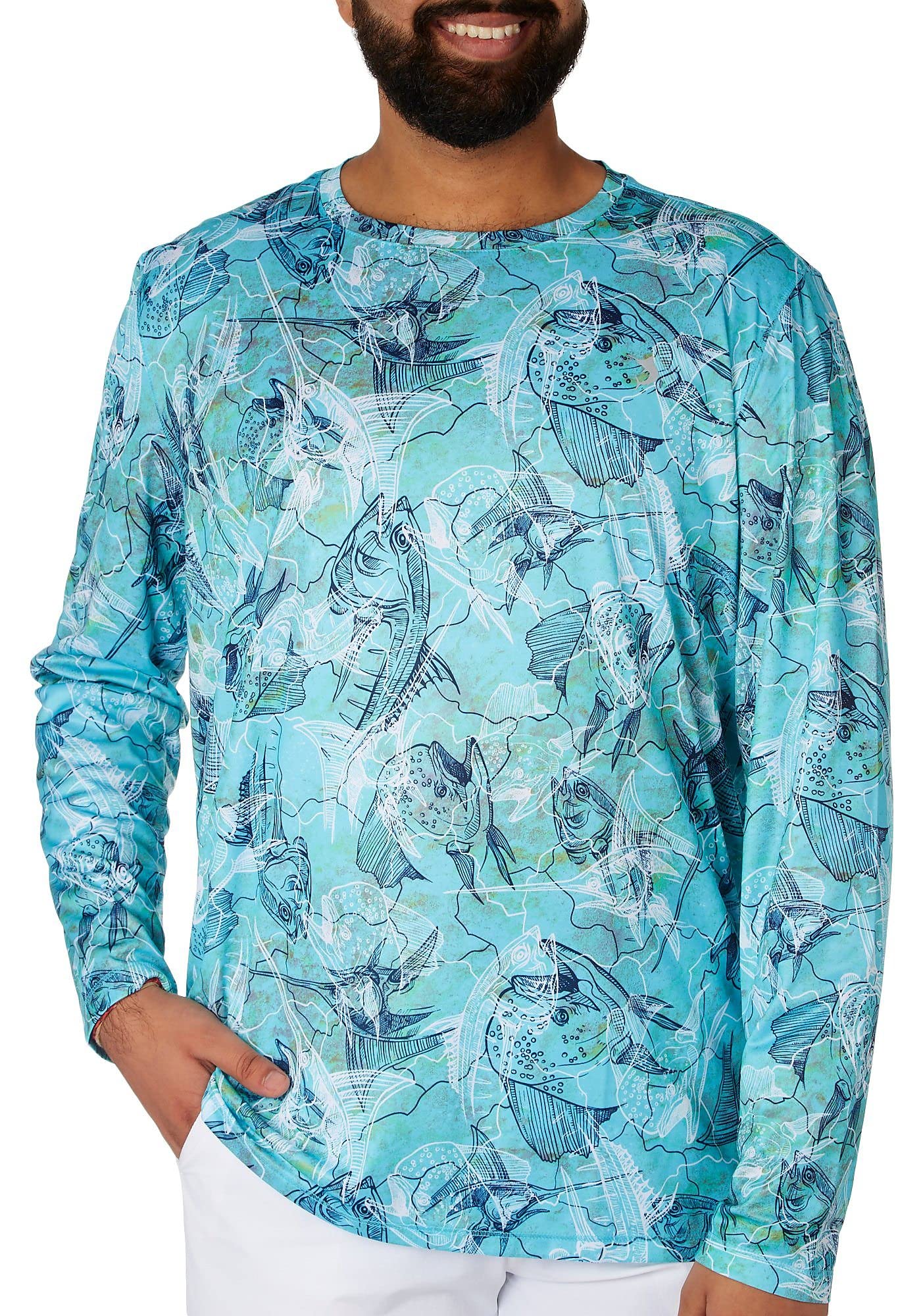 Reel Legends Mens Fish All Over Graphic Long Sleeve Top Medium Aqua blue multi